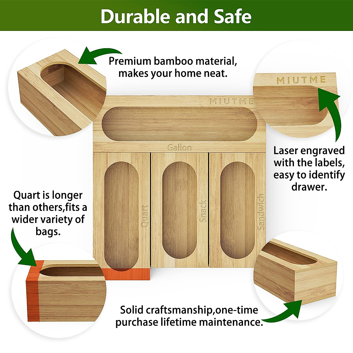 Ziplock Bag Storage Organizer for Drawer with Bigger Quart Box Bamboo Baggie Storage Organizer Kitchen Food Holders, Gallon Quart Snack and Sandwich Bag Variety Size Dispenser,4 Pack