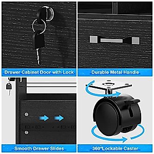Osfvolr File Cabinet with Charging Station, Rolling Filing Cabinet with Locking Drawer for A4/Letter Size, Printer Stand with Open Storage Shelves with Wheels, File Cabinets for Home Office, Black