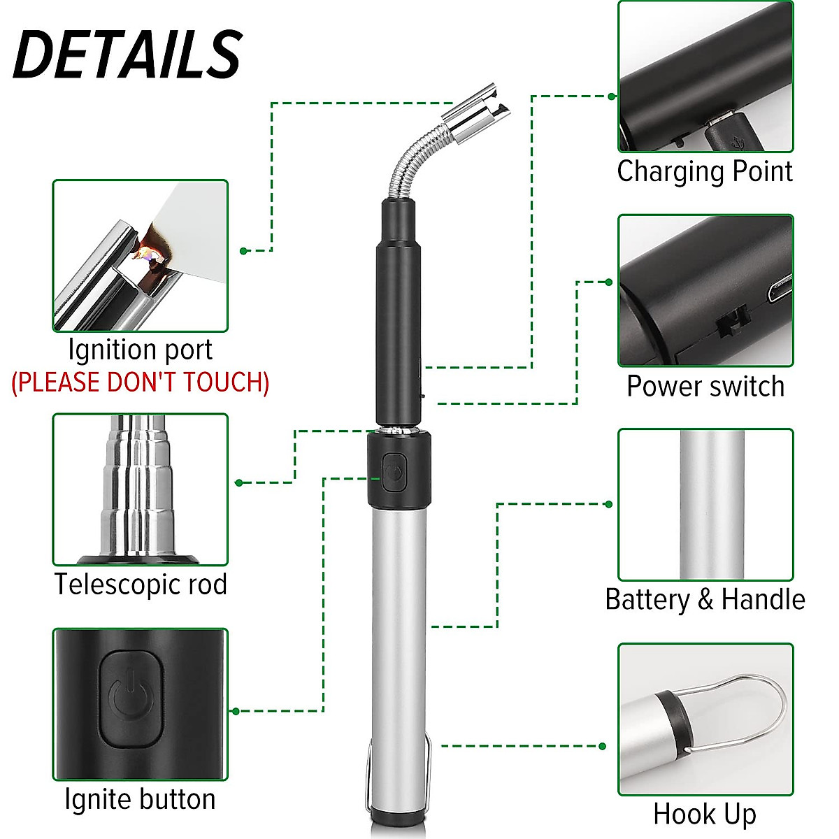 Flahonka Electric Arc Long Lighter, Retractable Cool Lighter with A Length of 11.4in-27.55in, Rechargeable Long Neck Lighter Extra Long Lighter for Candles Kitchen Fireplaces Fire Pits (Silver)