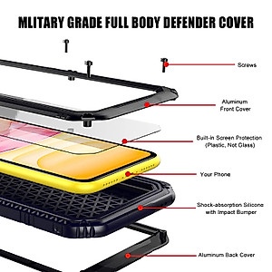 Mitywah Waterproof Case for iPhone 11, Heavy Duty Durable Metal Full Body Protective Case Built-in Screen Protection Waterproof Shockproof Dustproof Rugged Military Grade Defender, Black