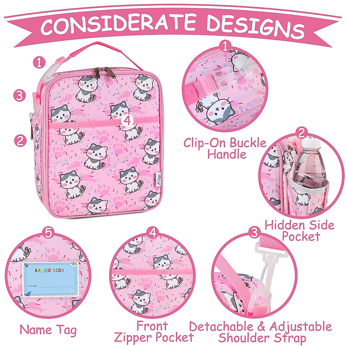 Kasqo Lunch Box Bag for Girls, Insulated Cute Lunch Bag with Shoulder strap Water Bottle Holder Mini Cooler Thermal Meal Tote Kit for Kids, Pink Kitten