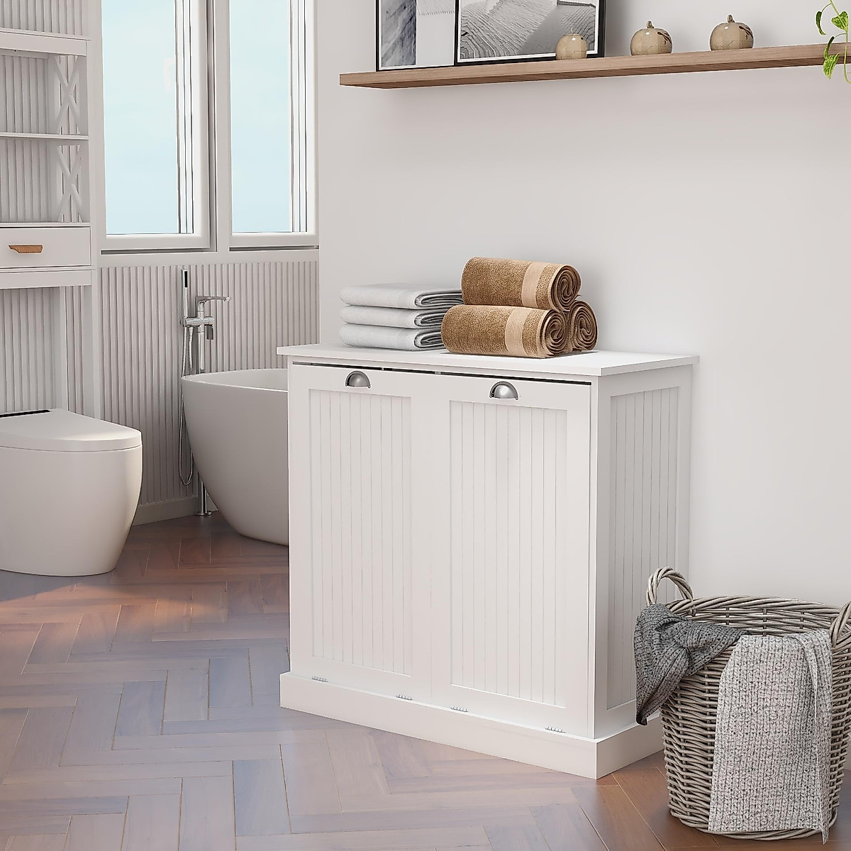 RASOO Double Tilt Out Trash Cabinet White Free Standing Laundry Sorter Cabinet with Removable Two-Compartment Tilt-Out Hamper Clothes Basket