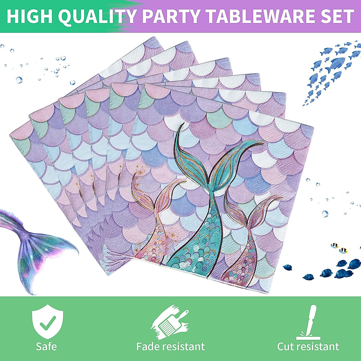 Mermaid Paper Plates and Napkins for Kids Party Purple Mermaid Tail Theme Plates Forks Set Disposable Tableware Girls Birthday Dessert Tea Party Decoration Under the Sea Supplies
