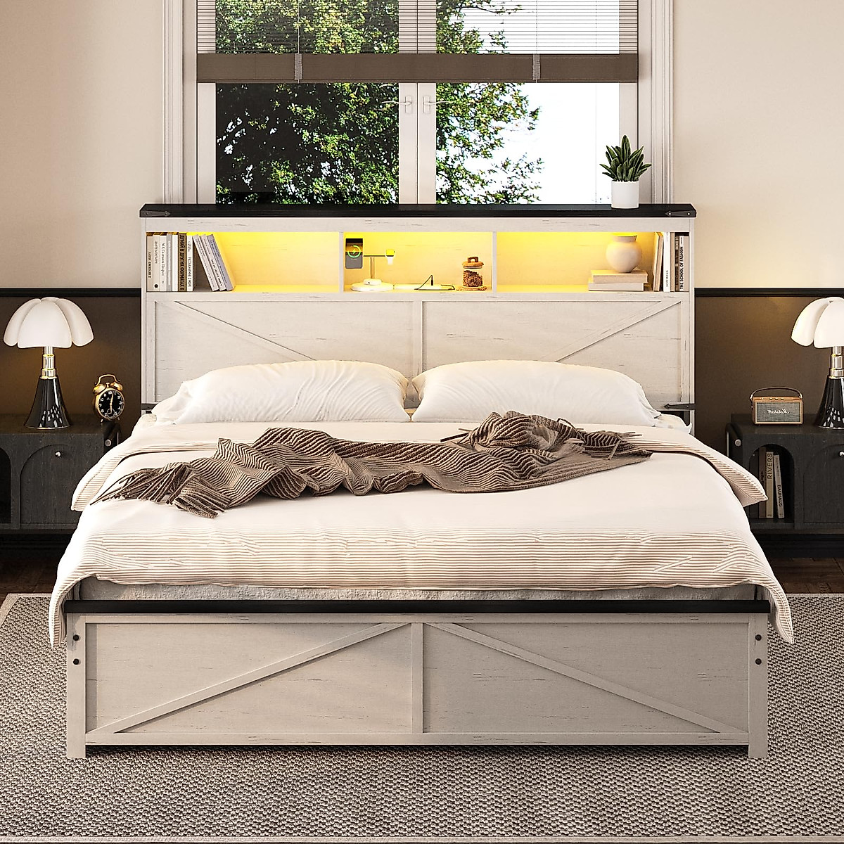 Vabches White Queen Size Bed Frame with 3-Tier Storage Headboard, Metal Platform Bed Frame with Charging Station, LED Lights, 4 Storage Drawers, Heavy Duty Metal Slats Noise-Free/No Box Spring Needed