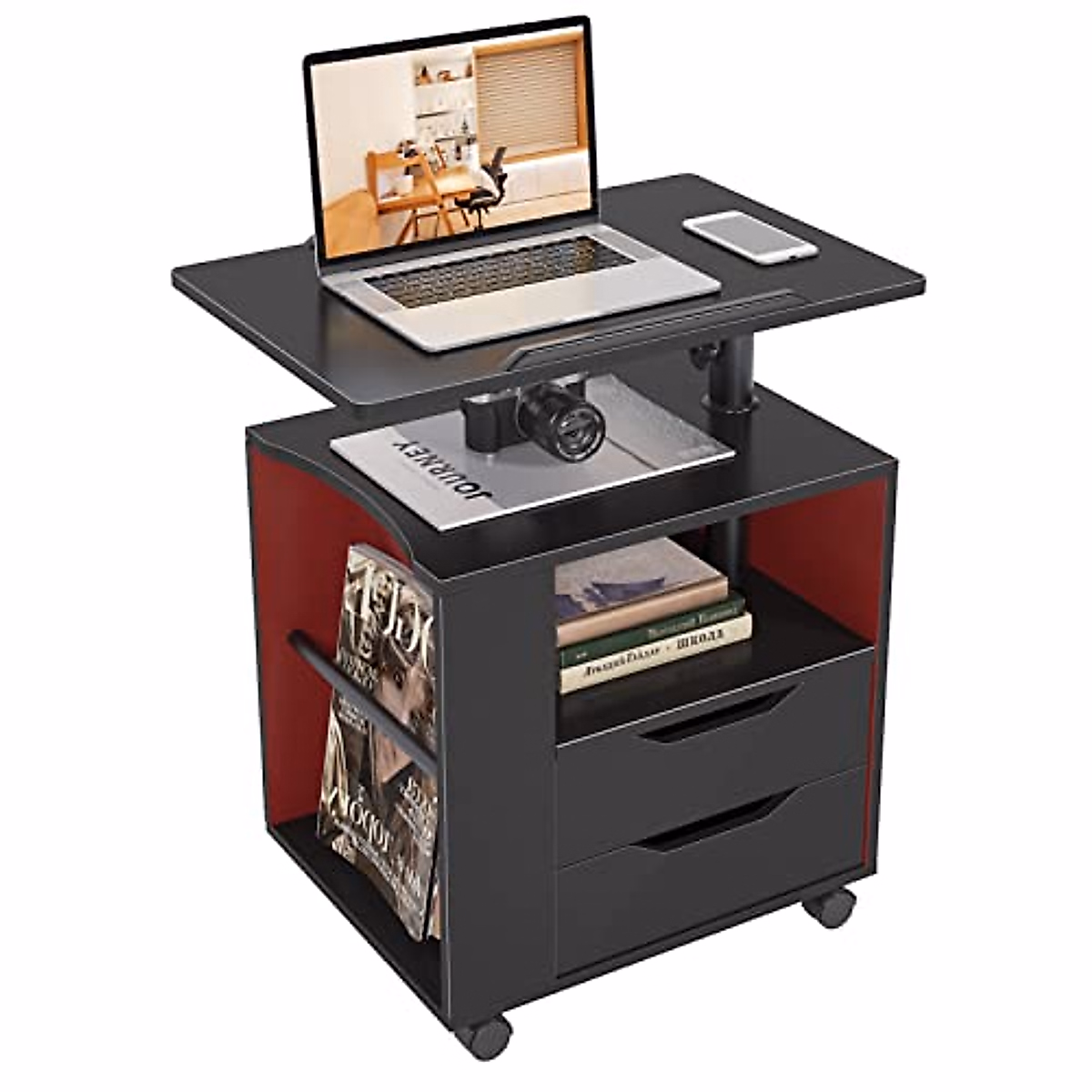 sogesfurniture Height Adjustable Nightstand Movable Bedroom Side Table Overbed Bedside Table Stackable End Table Cabinet for Storage,Black BHUS-CT1-BK-N