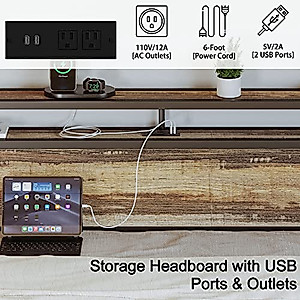 LIKIMIO King Bed Frame with Storage Drawer, 2-Tier Storage Headboard with Charging Station, No Box Spring Needed, Easy Assembly, Rustic Brown