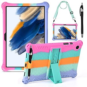 DETUOSI for Galaxy Tab A8 10.5 Case, Soft Silicone Lightweight Protective Smart Cover Case for Galaxy Tab A8 10.5 inch 2022 SM-X200/X205/X207 with Shoulder Strap & Stylus Pen, Dazzling Pink