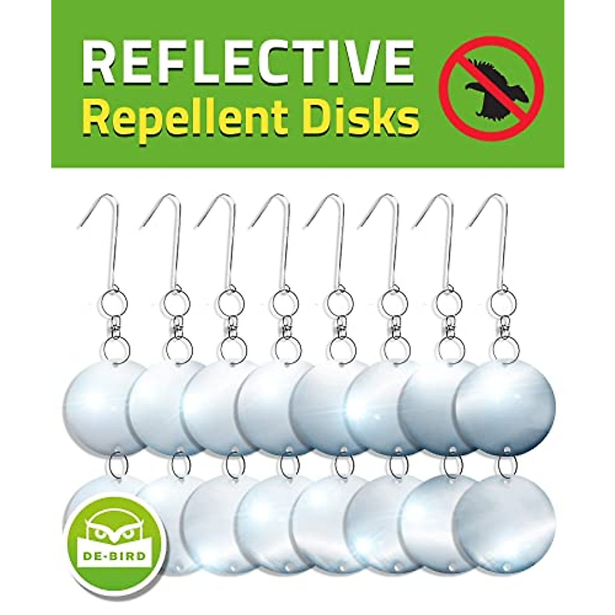 De-Bird Bundle Includes: Scare Tape - Reflective Tape and 8 pk Reflective Repellent Disks to Keep Away Woodpecker, Pigeons, and Protect Plants & Fruit Trees