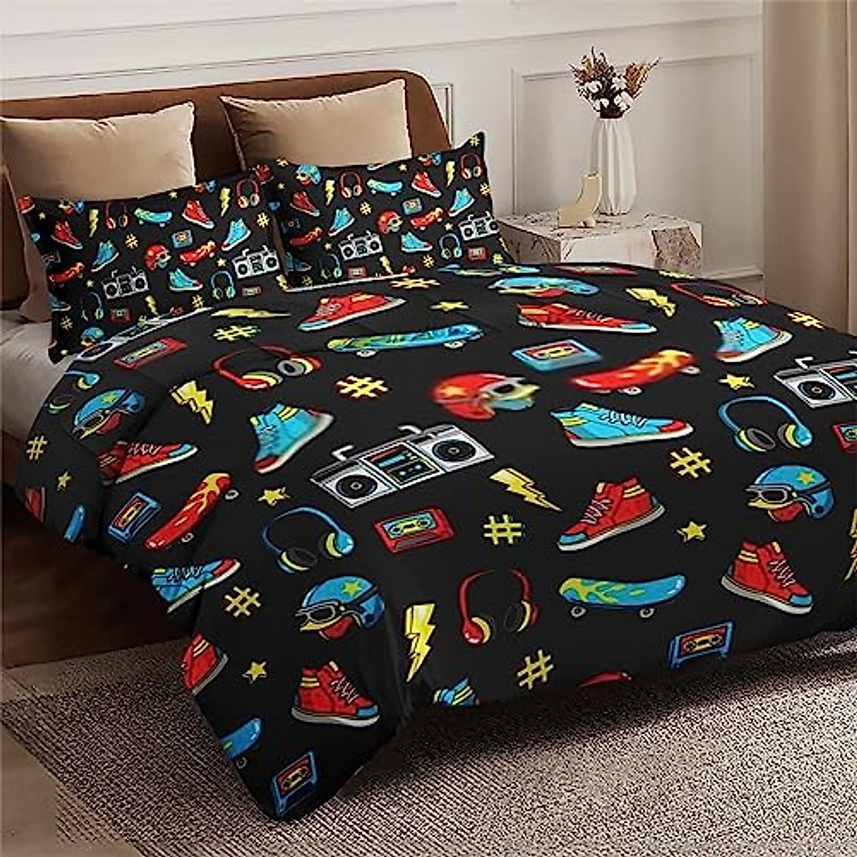 Duvet Cover Queen Size, 80S Cool Cute Retro Bedding Set with Zipper Closure for Kids and Adults, Red Neon Colorful Comforter Cover with 2 Pillow Shams for Bedroom Bed Decor