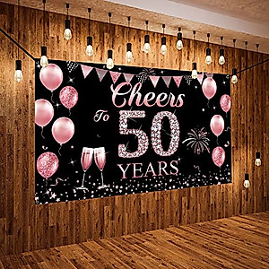 Happy 50th Birthday Decorations for Women, Cheers to 50 Years Backdrop Banner, Rose Gold 50th Birthday Party Yard Banner, 50th Wedding Anniversary Decoration Banner for Outdoor Indoor, Vicycaty