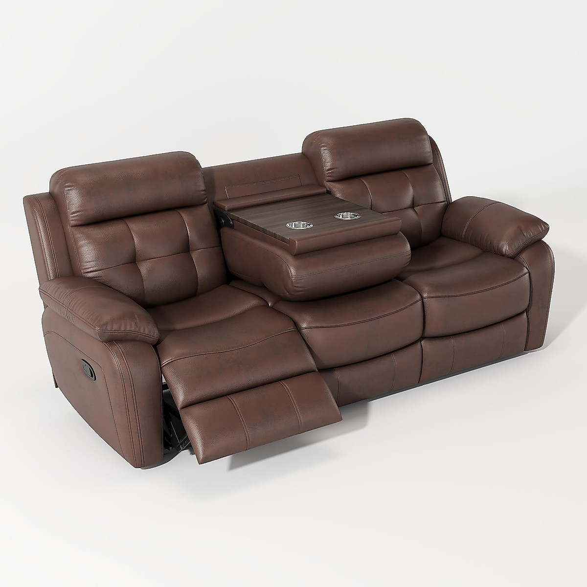Prohon Genuine Leather Non-Power Reclining Sofa with Drop Down Table,Stainless Steel Cupholders and Magazine Bag, Home Theater Seating Power Rocker for Living Room, Brown