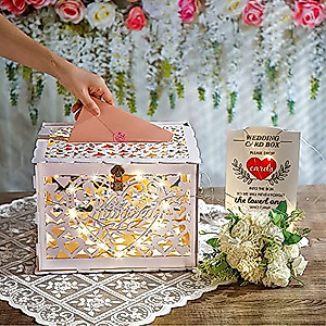Wedding Card Box, Rustic Wooden Wedding Card Holder with 8 Modes String Light and Lace Table Mat, DIY Envelop Gift Money Card Container with Lock for Reception Decoration, Just Married (White)