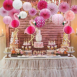Meiduo Tropical Flamingo Party Honeycomb Decoration, Hawaiian Summer Party Supplies for Adults Kids Birthday Bridal Shower with Flamingo Paper Fans Pom Poms Flowers Paper Lanterns (Pink)