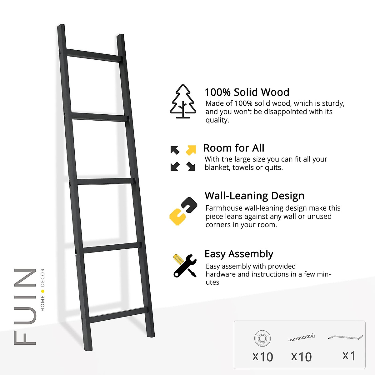 FUIN 6.3 ft (76") Wood Blanket Ladder Living Room Decorative Wall Leaning Farmhouse Quilt Display Holder Rustic Wooden Towel Rack for Bathroom, Black