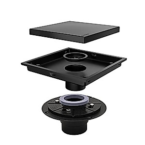 Fibetter 6 Inch Tile Insert Square Shower Drain with Flange Base, 2 in 1 SUS 304 Stainless Steel Shower Drain - Matte Black