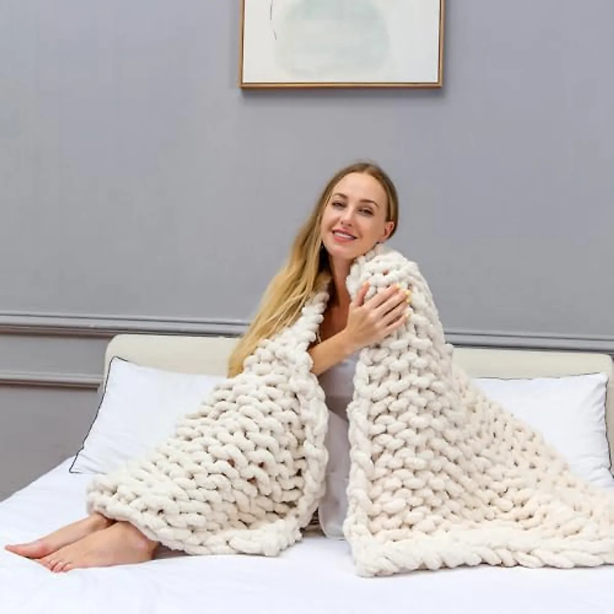 clootess Chunky Knit Blanket Knitted Throw Crochet Chenille Yarn Woven for Bed Sofa Textured Thick Cable Decor (Beige 50x63 in)