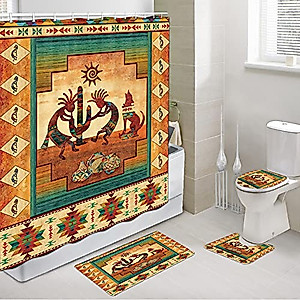 Kokopelli Bathroom Sets with Shower Curtain and Rugs, Southwestern Native American Bathroom Shower Curtain Sets, Western Waterproof Polyester Fabric Bathroom Accessories Bathtub Decorative