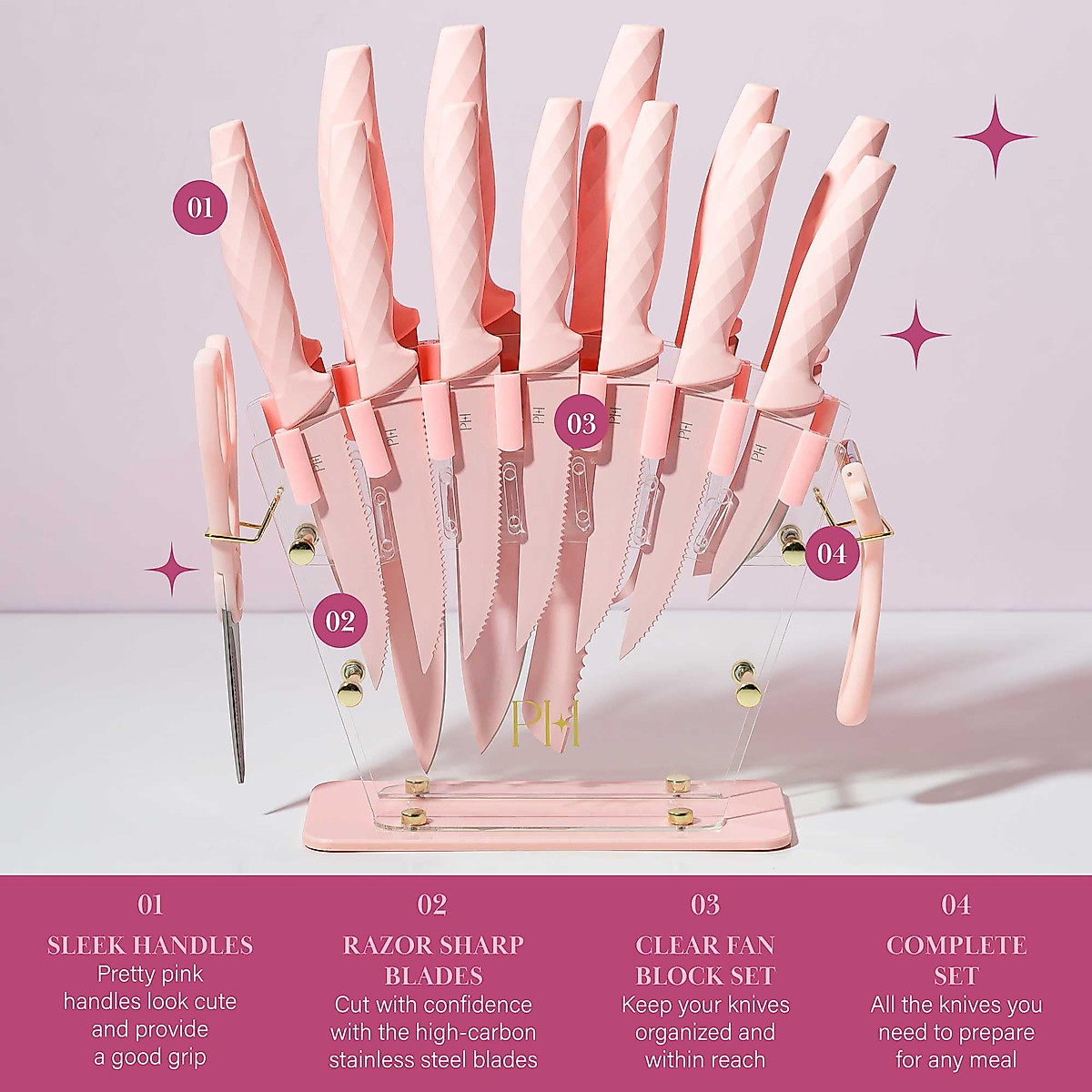 Paris Hilton Knife Block Set with Fan Style Clear Acrylic Knife Block, Premium Stainless Steel Blades with Nonstick Coating, Comfort Grip Handles, 16-Piece Set, Pink and Gold