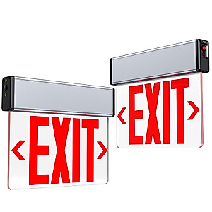 LED Edge Lit Exit Sign Aluminum Housing AC 120-347V Emergency Exit Light with Battery Backup Single Sided Acrylic Clear Panel Commercial Exit Signs, Top/Side/Wall Mount, UL Certified (2 Pack, Red)