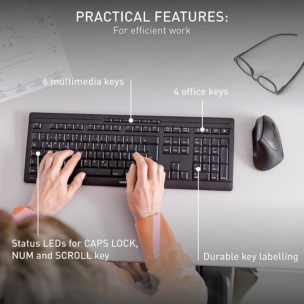 Cherry Stream Wireless Keyboard with SX Scissors Mechanism, Slim Yet Full Size QWERTY Ergo Friendly with Number Pad, Thin Design with Quiet keystroke for use at Home Office or Work. Black