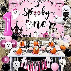 Halloween 1st Birthday Party Decorations for Girl Spooky One Backdrop Pink Black Hot Pink Balloons High Chair Banner Cake Topper for First Birthday Party Supplies