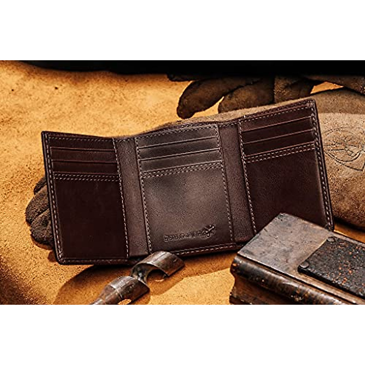 HoJ Co. Dutton Extra Capacity Trifold Wallet with Flip Out ID| 9 Card Slots & 3 Pockets | Full Grain Nappa Leather | Brown Tri fold Wallet