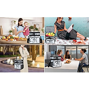 Large Insulated Lunch Bag Women Men Dual Compartment Reusable Lunch Box Soft Portable Leakproof Cooler Bag with Removable Adjustable Shoulder Strap (Marble)