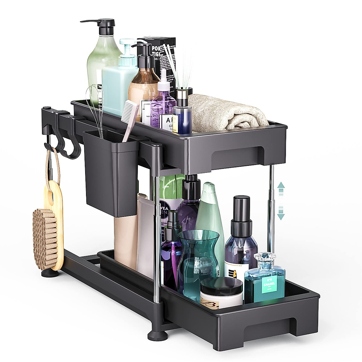 Bathroom Organizer, HEMOPLT Double Sliding Under Sink Organizers and Storage, Adjustable Height Under Bathroom Sink Organizers and Storage, Non-slip Mat Bathroom Drawer Organizers