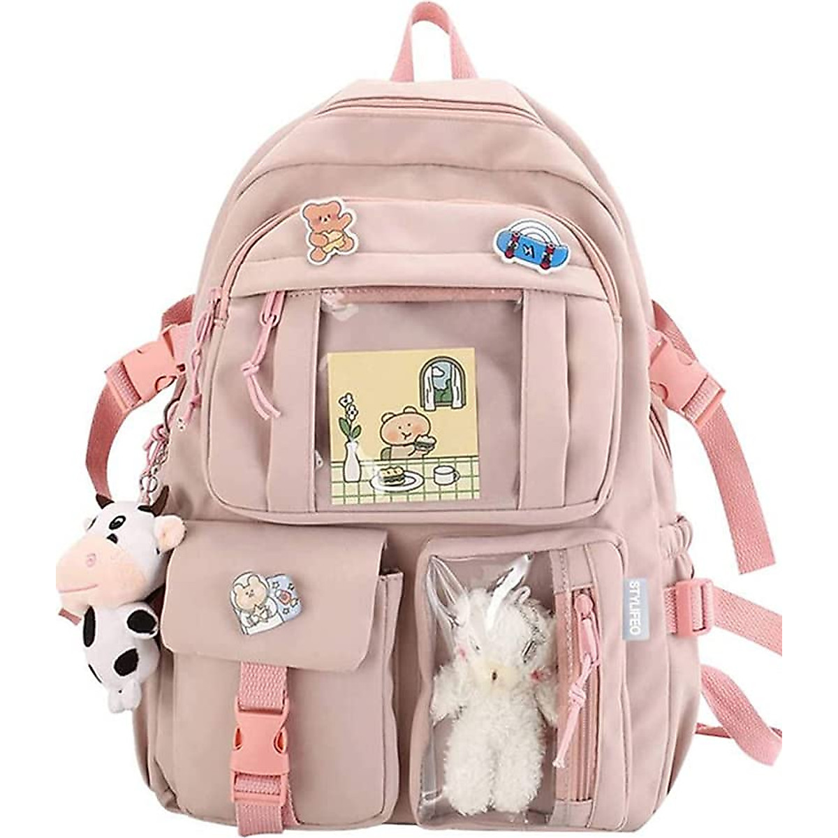 Stylifeo Kawaii Backpack with Cute Cow Plush Cute Pin Accessories Large Capacity Aesthetic School Bags Cute Bookbag for Girls Teen (Pink)