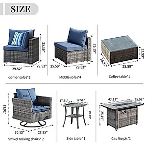 HOOOWOOO 11 Piece Patio Sectional Furniture Set with Fire Pit Table,Modern Wicker Outdoor Conversation Sofa Sets,Weather Resistant Modular L Shaped Outside Couch Swivel Chair Set(Denime Blue)