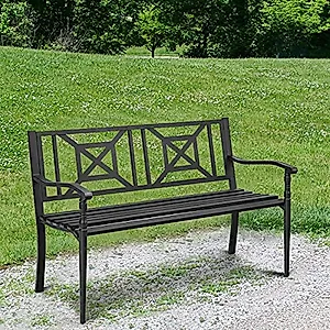 Tangkula Outdoor Garden Bench Park Bench, Patio Steel Bench Chair with Rustproof Frame, Heavy Duty Loveseat Bench for 2-3 People, Deck Bench Chair, Ideal for Garden, Balcony, Lawn, Porch, Park