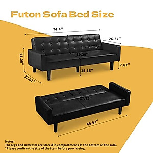 Homies Life Faux Leather Futon Couch, Mid Century Modern Futon Sofa with Memory Foam, Convertible Futon Sofa Bed for Small Spaces, Living Room, Office, Black