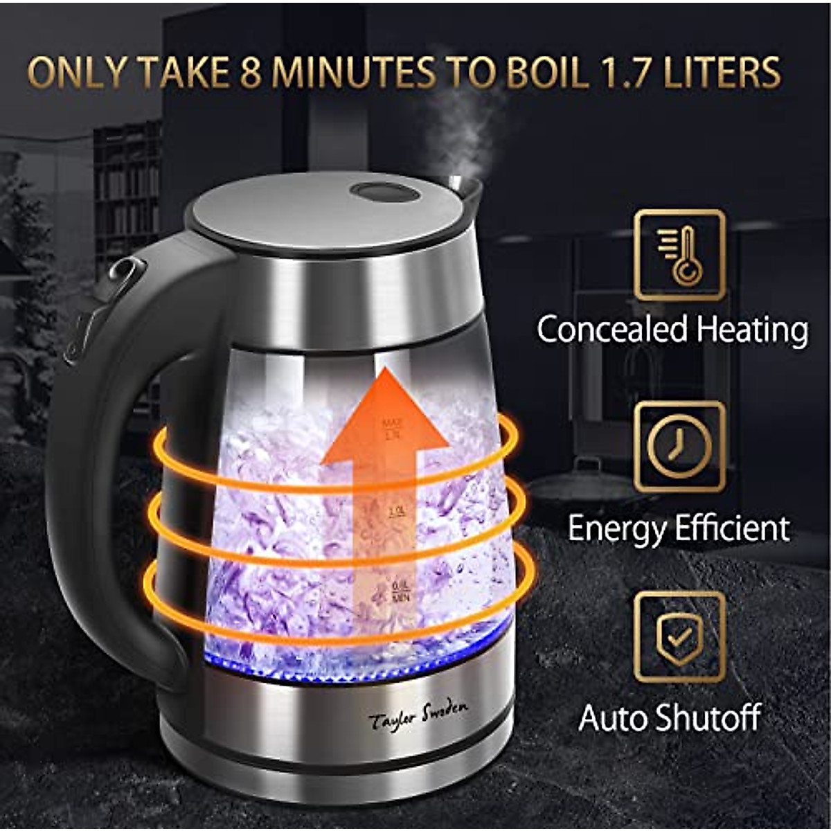 Glass Hot Water Kettle Electric for Tea and Coffee 1.7 Liter Fast Boiling Electric Kettle Cordless Water Boiler with Auto Shutoff & Boil Dry Protection Taylor Swoden