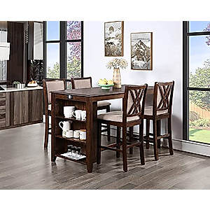 New Classic Furniture Amy Kitchen Counter Island Dining Table for 4 with Storage Shelf & USB Chargers, Traditional Brown Cherry