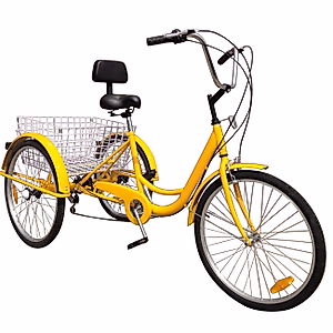 Areyourshop Unisex Adult 24" 3-Wheel 7-Speed Tricycle Bicycle Bike Cruise Basket Yellw