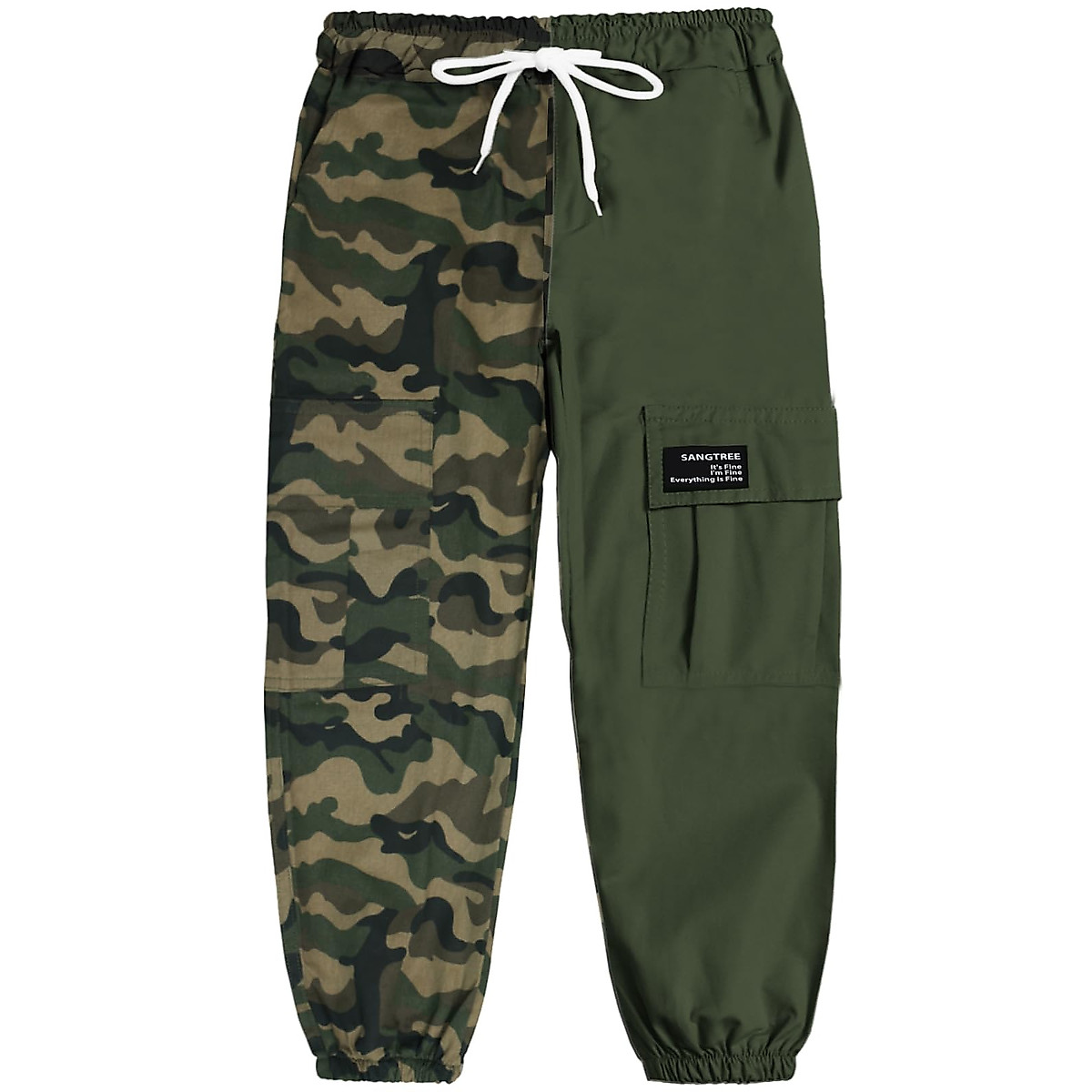 SANGTREE Women's Cargo Pants Elastic Waist Drawstring Tapered Jogger Pants with Pockets for Women,Camo,L