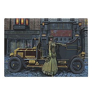 Ambesonne Victorian Cutting Board, Lady Wearing Old Style Dress Vintage Car in Street Mechanic Industrial Era Print, Decorative Tempered Glass Cutting and Serving Board, Large Size, Multicolor