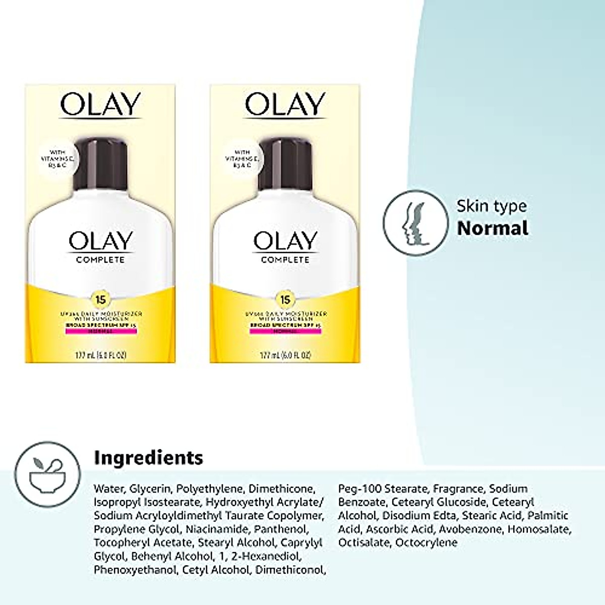 Face Moisturizer by Olay Complete Lotion All Day Daily Facial Moisturizing Lotion SPF 15 for Normal Skin and Hydration, Oil-Free Non-Greasy, 6 Fl Oz (Pack of 2)