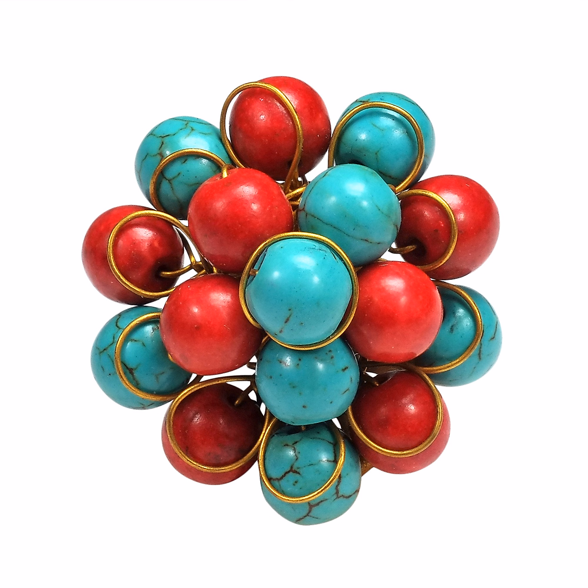 AeraVida Stylish Oversized Simulated Blue Turquoise & Reconstructed Red Coral Beaded Cluster with Brass Wire Adjustable Fit Statement Ring