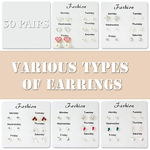 Stud Earrings Set Crystal Pearl Round Circle Heart Cubic Zirconia Geometric Ball Hypoallergenic Earring Set Charm Trendy Piercing Jewelry Gift for Women Girls Teens Lady,30 Pairs Earring