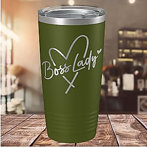 Boss Lady Big Heart Tumbler Birthday Gifts for Women, Coworker, Boss on Army Green 20 oz Stainless Steel Insulated Cup with Lid - Travel Mug for Mom