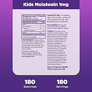 Natrol Kids Melatonin 1mg, Dietary Supplement for Restful Sleep, 180 Berry-Flavored Gummies, 180 Day Supply