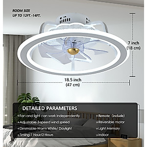 FOSOQIB Low Profile Ceiling Fan with Light and Remote 3-Color Dimmable,3-Speed Reversible Blade Bladeless Ceiling Fan with Light, Ceiling Fans with Lights for Bedroom Kitchen Home Office
