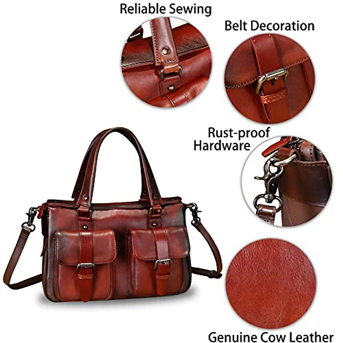 Genuine Leather Satchel Purse for Women Retro Cowhide Handmade Top Handle Shoulder Handbag Designer Crossbody Bag Purse (Red)