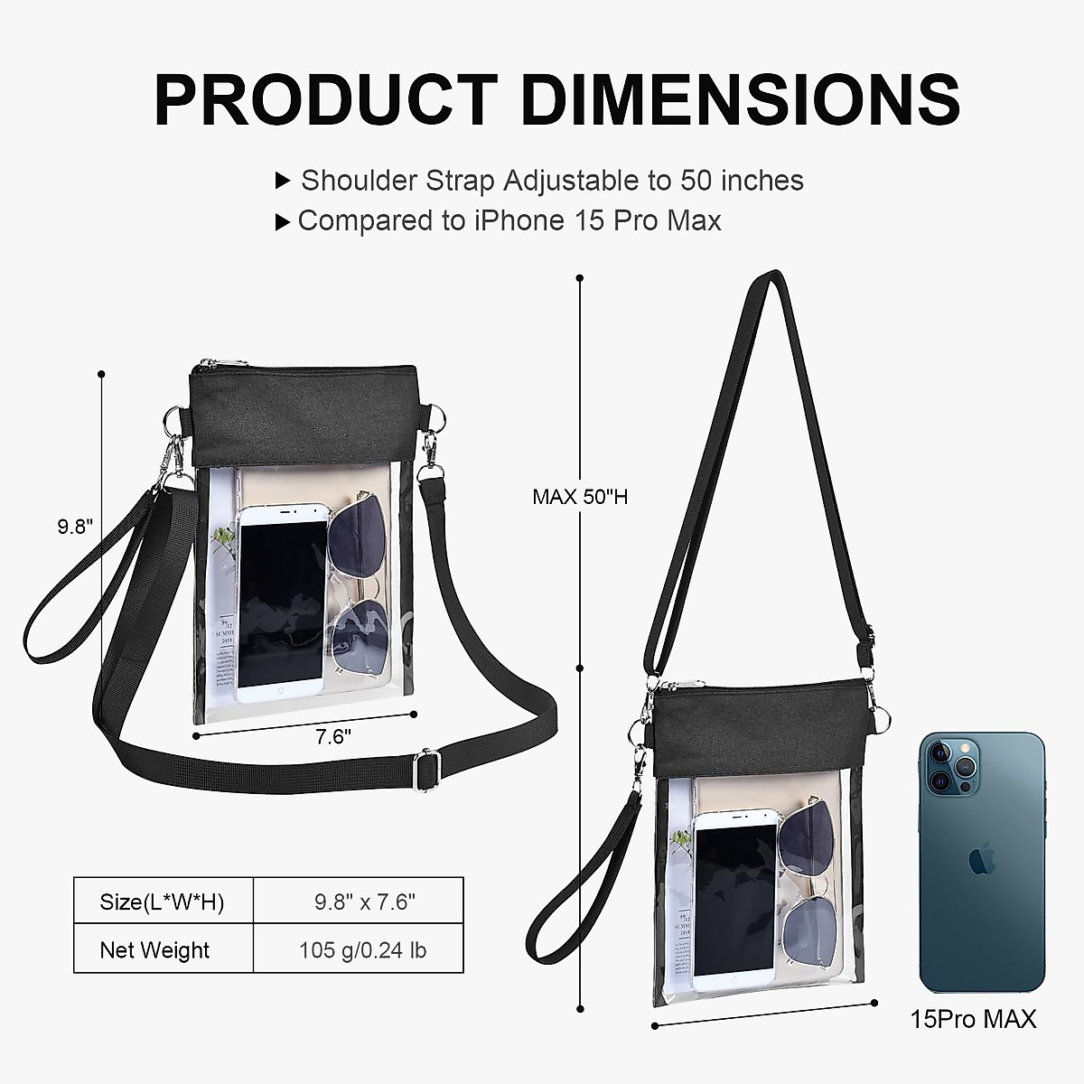 USPECLARE Clear Crossbody Purse Bag Stadium Approved Clear Tote Bag for Work Concert Sports(Clear Black)