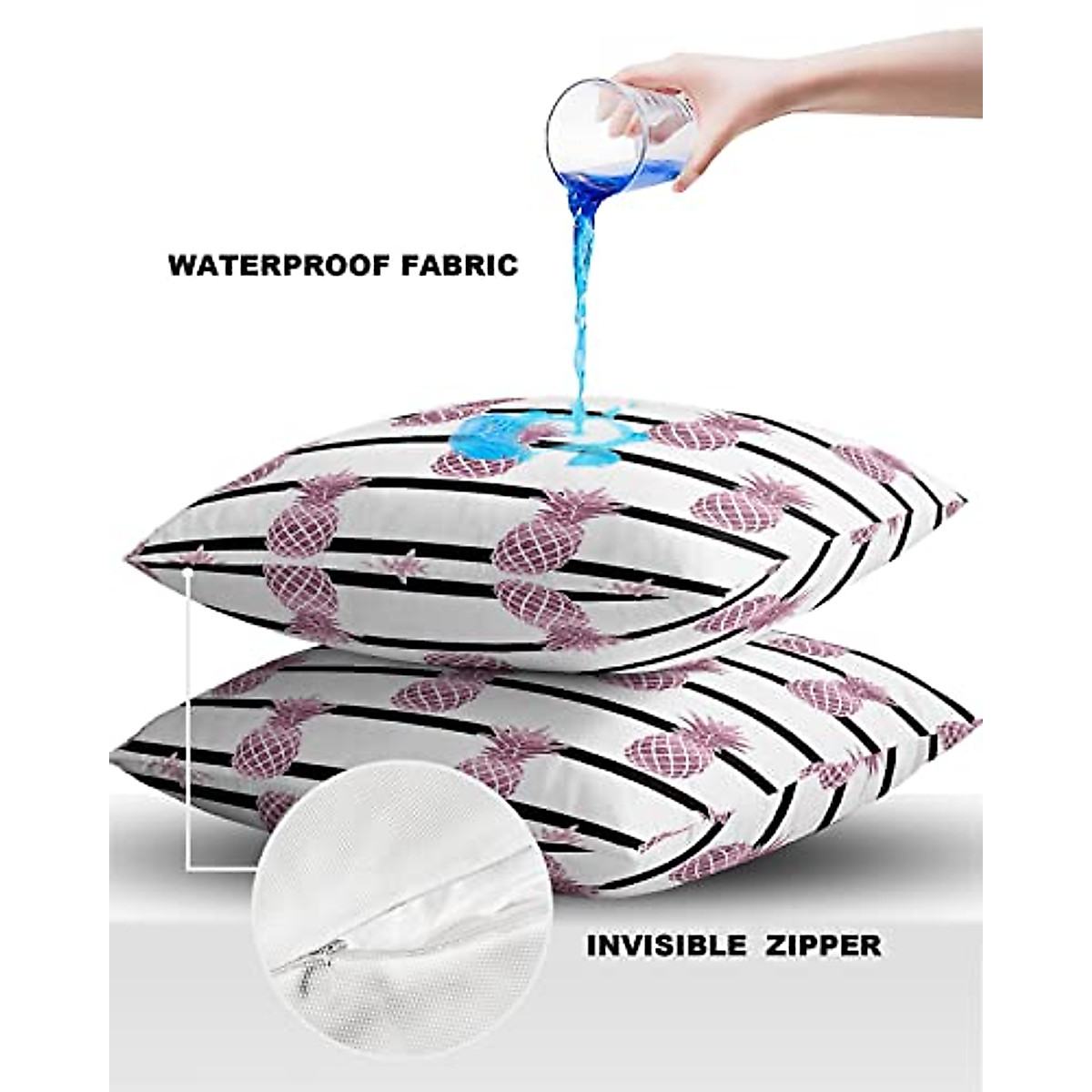 Outdoor Waterproof Throw Pillow Covers Pink Pineapple Lumbar Pillowcases Black Stripe Decorative Outdoor Pillows Cushion Case Patio Pillows for Sofa Couch Bed Garden 18 x 18 Inches