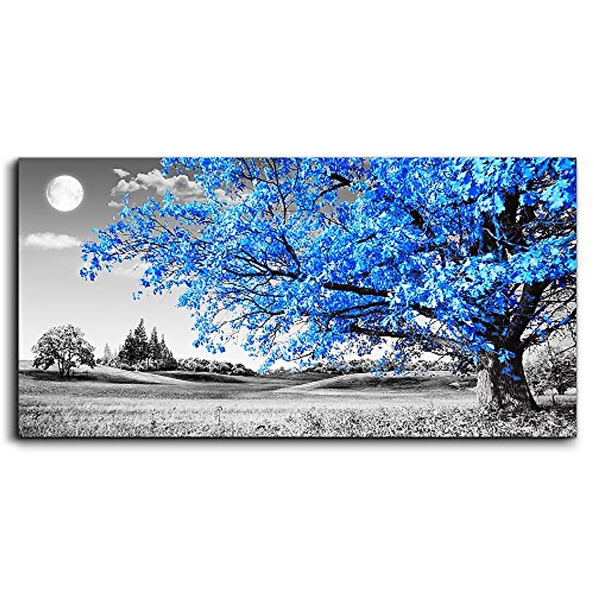 wall art for living room Simple Life Blue moon tree landscape Abstract painting office Wall Decor 20" x 40" single Pieces Canvas Prints Ready to Hang for Home Decoration Black and white Works of art
