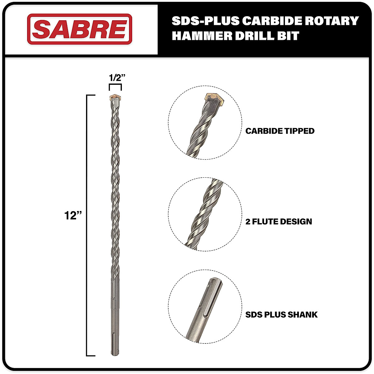 Sabre Tools 1/2 Inch x 12 Inch SDS Plus Rotary Hammer Drill Bit, Carbide Tipped for Brick, Stone, and Concrete Version 2 (1/2" x 10" x 12")