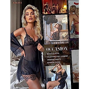 RSLOVE Women Sexy Lingerie Set 3 Piece Babydoll & Lace Kimono Robe Strap Chemise Sleepwear Mesh Nightgown Black M