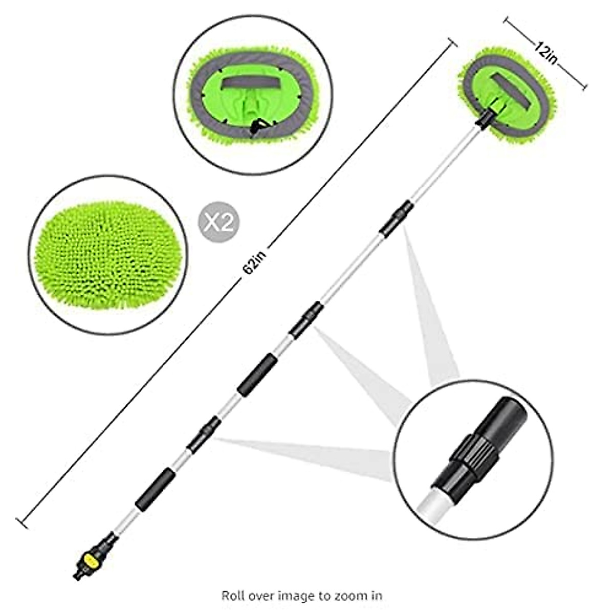 Sengo Chenille Microfiber Car Wash Mop Mitt with Water Flow 62" Aluminum Alloy Long Handle Duster Paint Scratch Free Cleaning Tool Dust Collector for Washing Car,Truck, RV